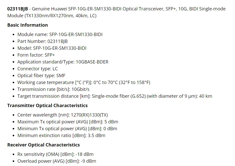 Huawei-módulos Ópticos 10ge Sfp-10g-er-sm1330-bidi Sfp +,Módulo Bidi De ...