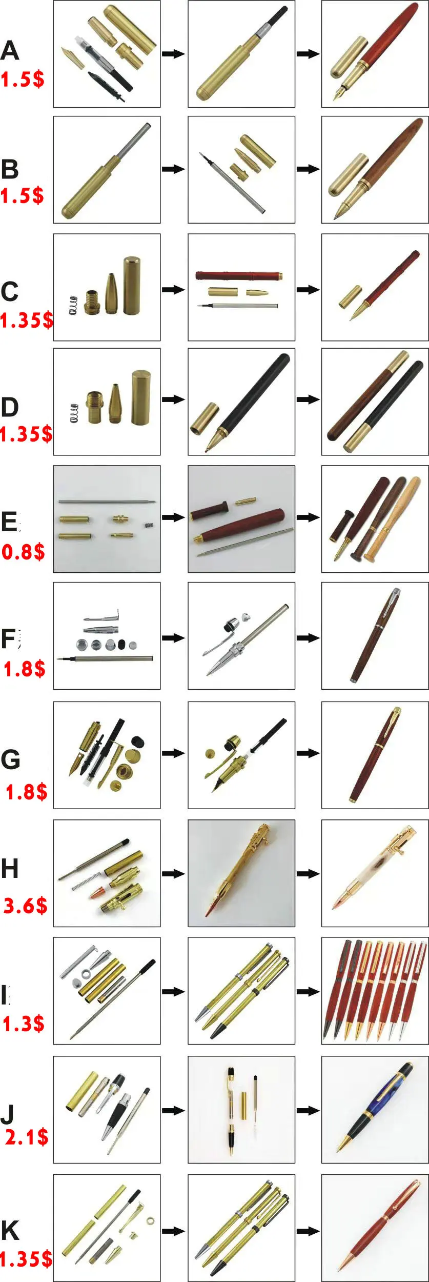 Brass Tubeless Pen Turning Kit for Woodworking DIY - OEM Available