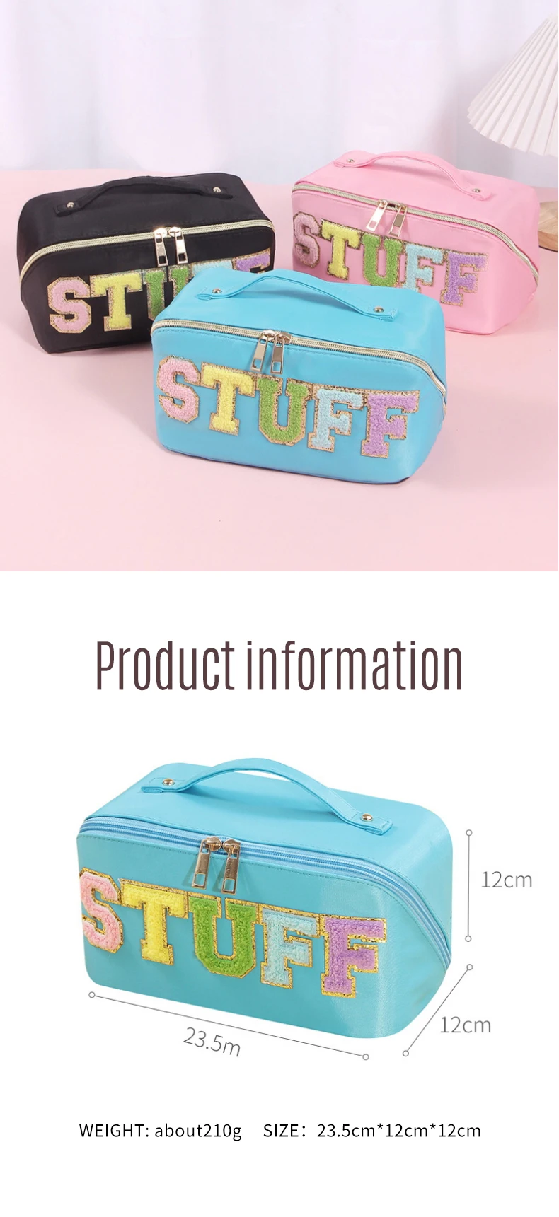Custom Letter Patch Pink Cosmetic Bag Portable Pu Leather Waterproof Toiletry Pouch Travel Make ...