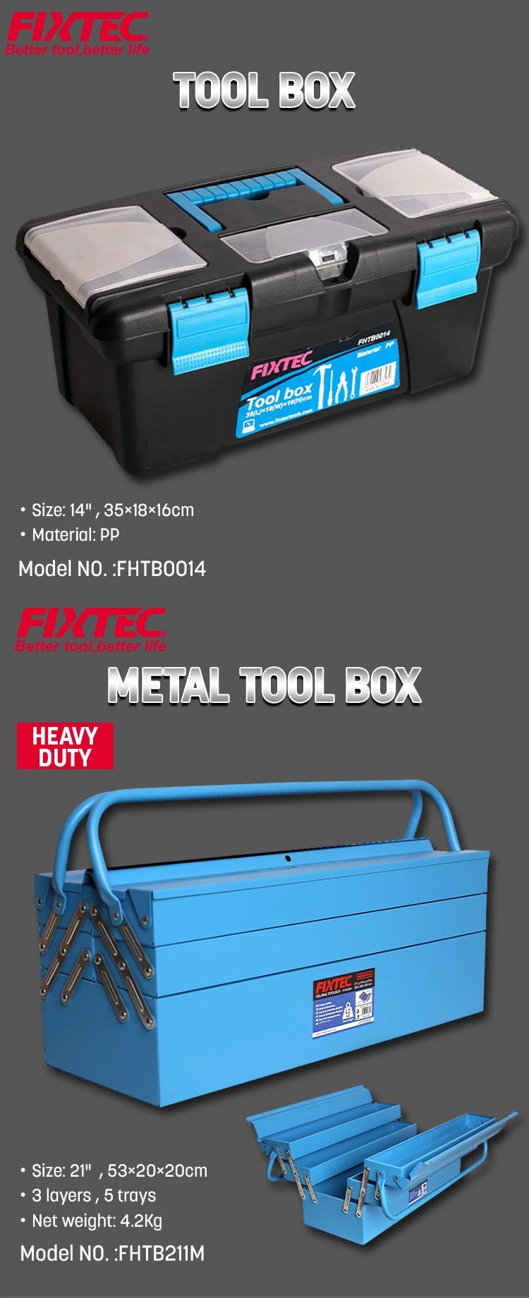 FIXTEC Professional Tools Set Box - Heavy Duty 14" PP Plastic Tool Box