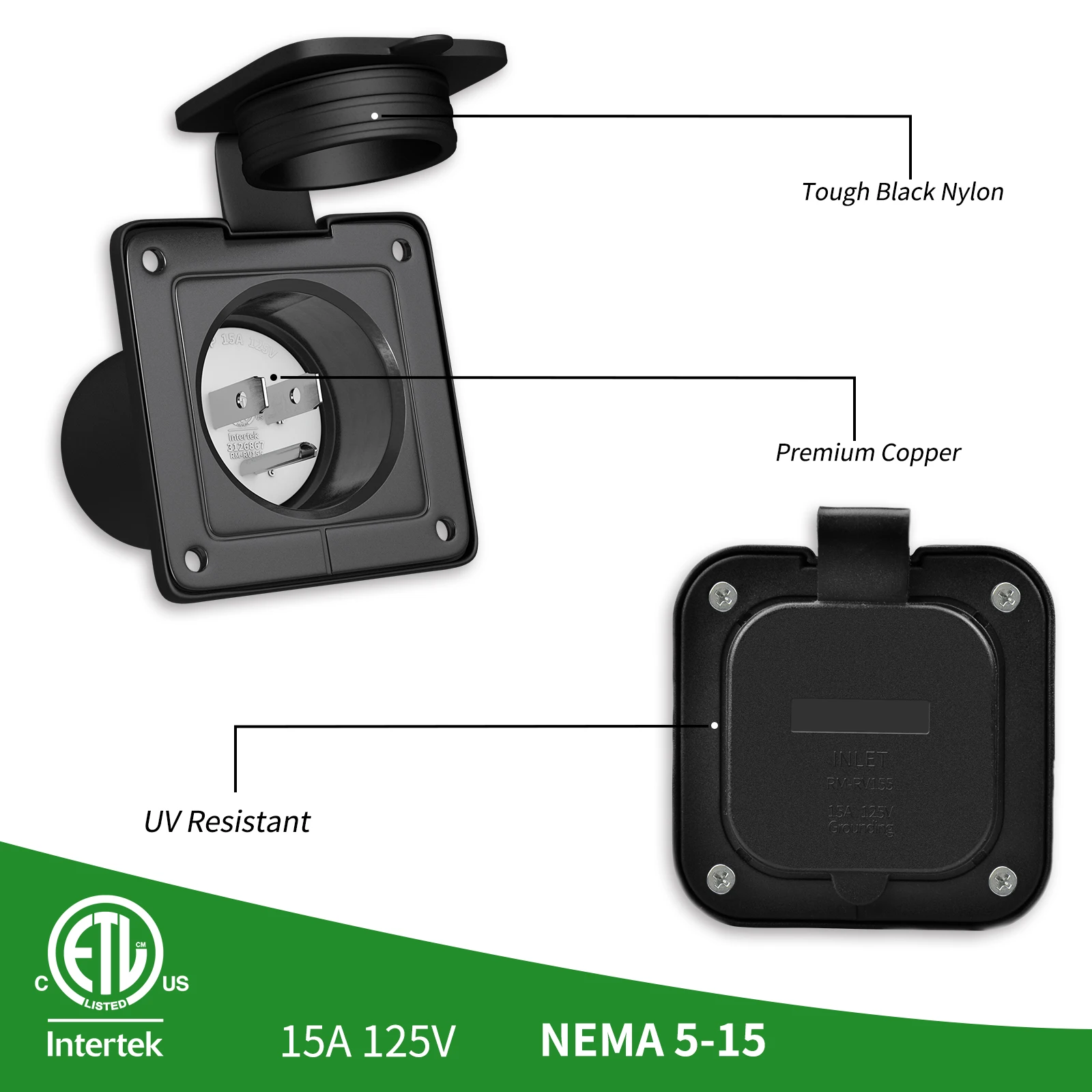 RV 15Amp Flanged Inlet, NEMA 5-15P 125V Shore Power Inlet with ...