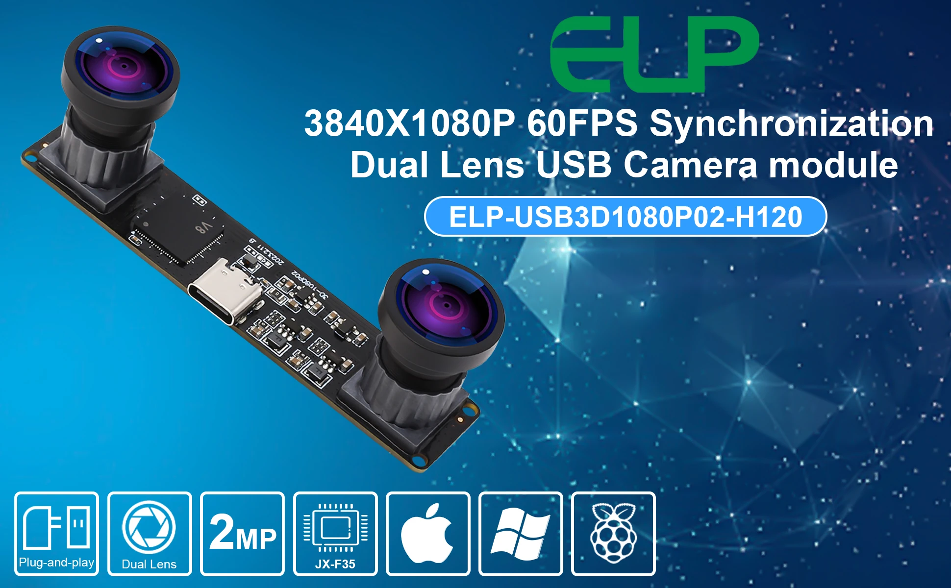 ELP Synchronous Stereo 60fps 3840X1080 Dual Lens USB Camera