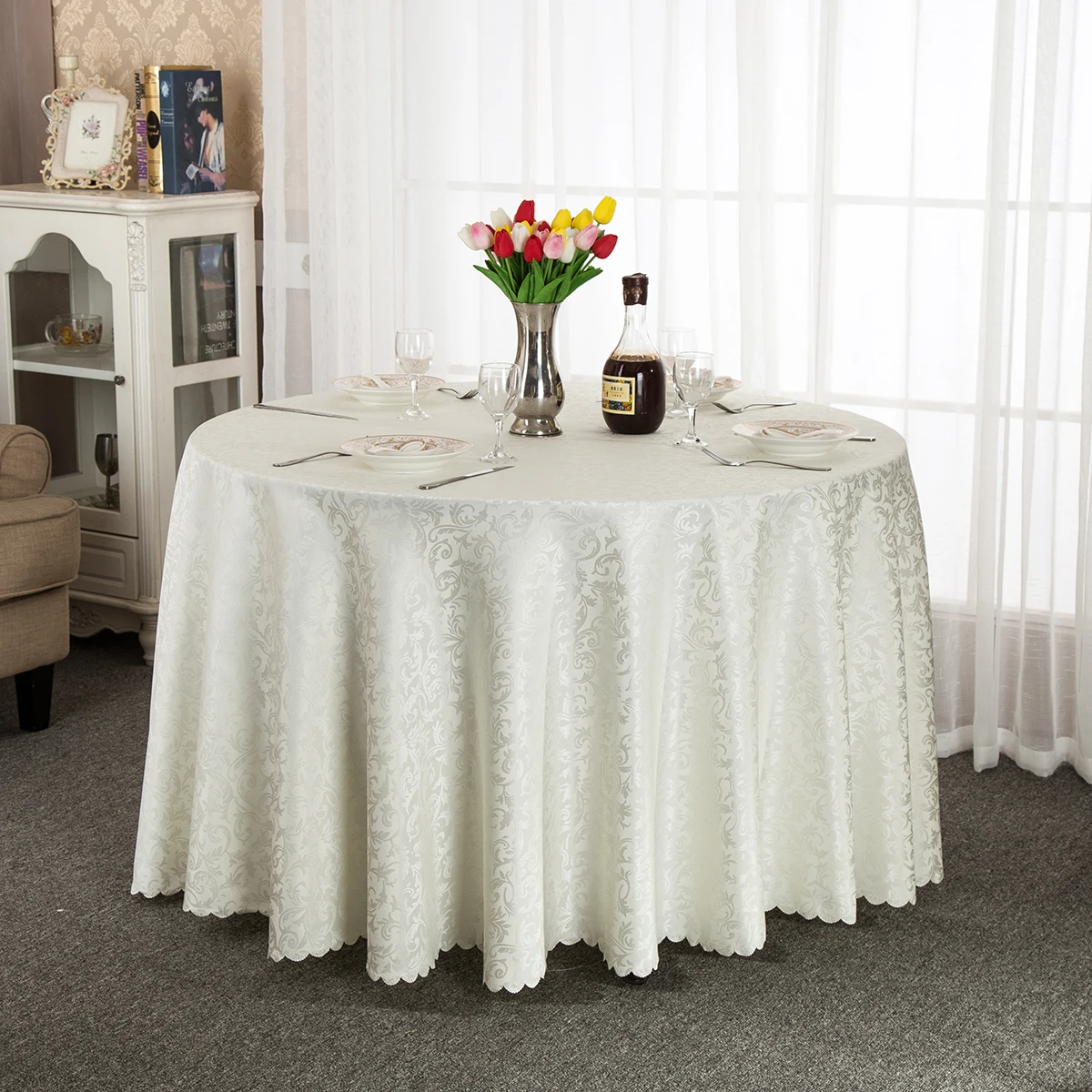 132 Inch Custom Circle Dinner Table Cover Embossed Technics Polyester ...
