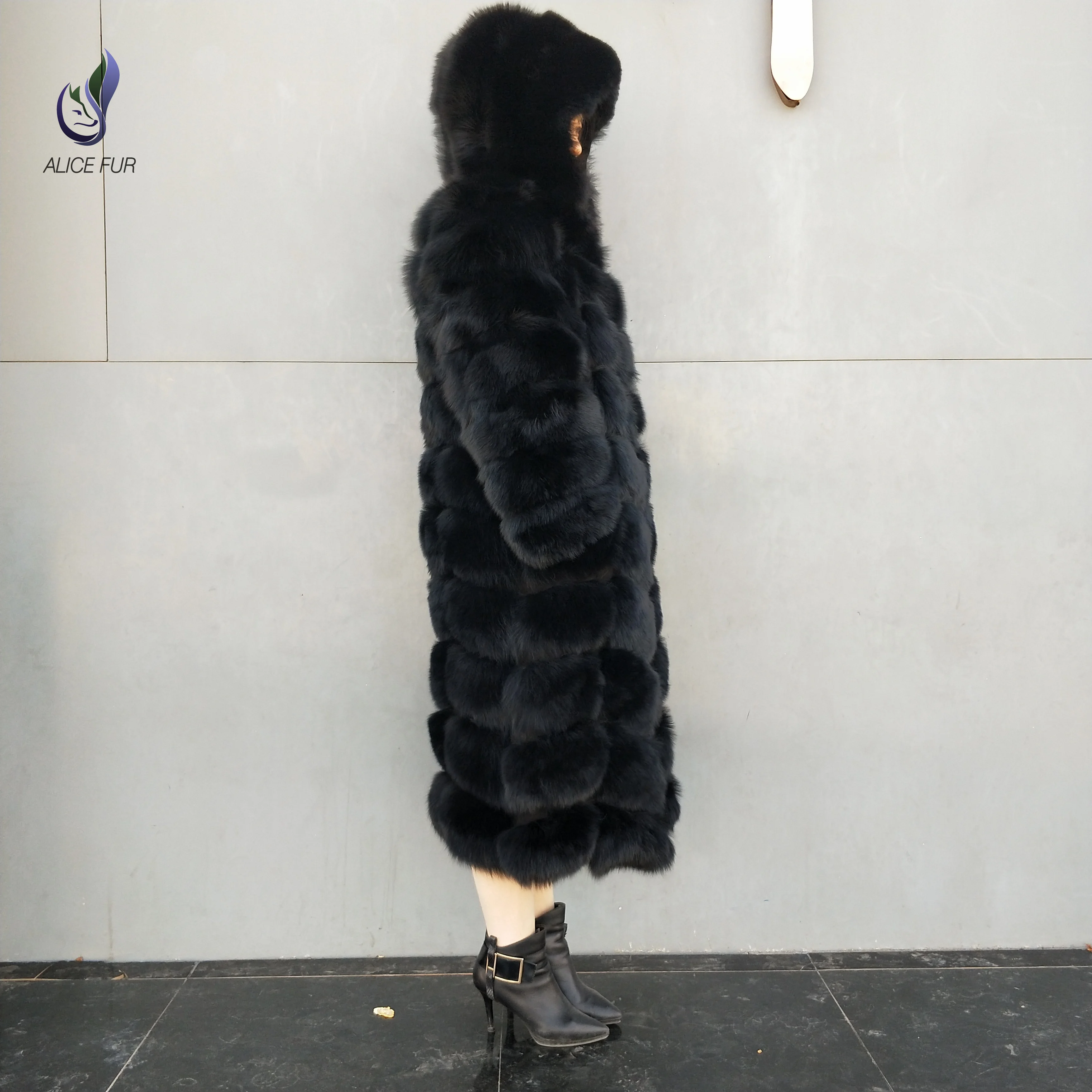 ALICEFUR Long Style Dyed Real Fox Fur Coat with Hood for Women