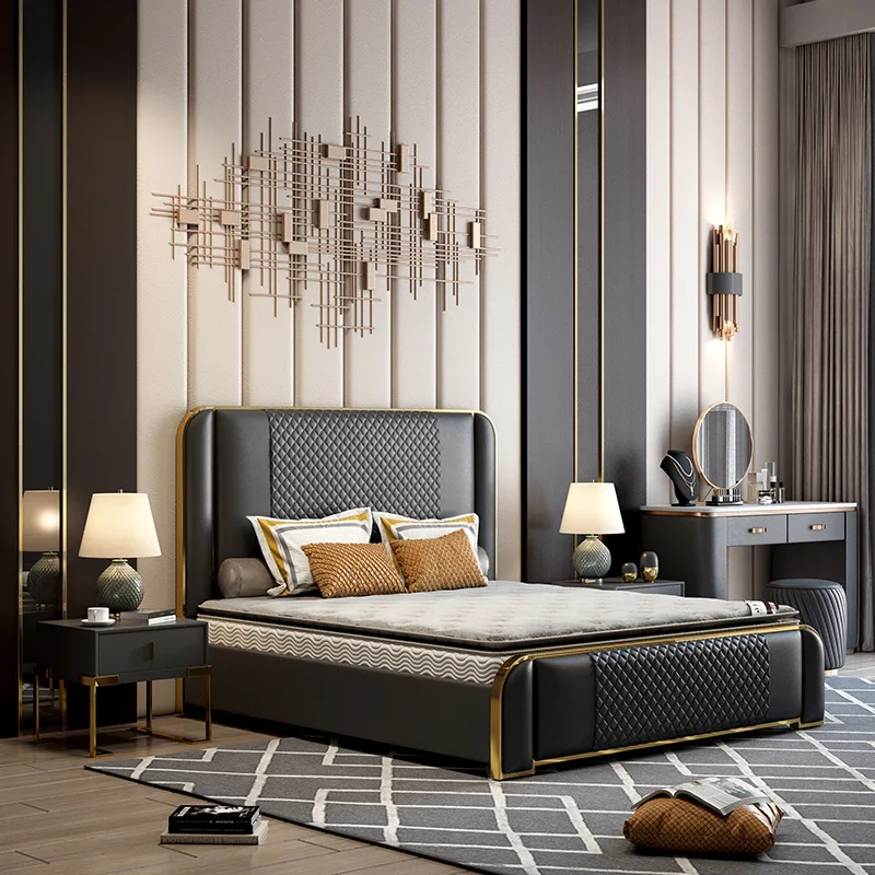 King Size Bed Modern Bedroom Furniture Set Hotel Faux Leather Storage ...