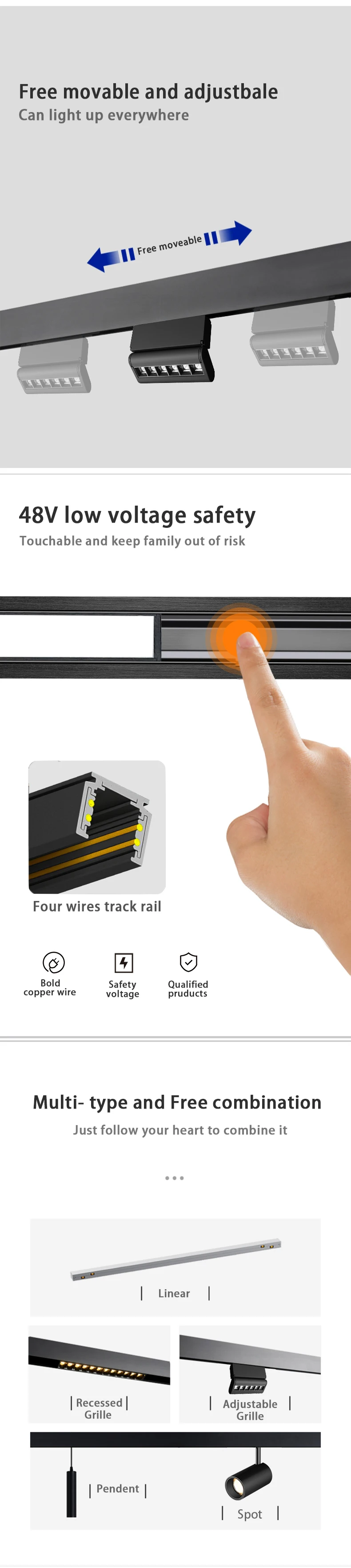 Commercial Adjustable Rail Track Spotlight Fixture 48V Magnetic Folding ...