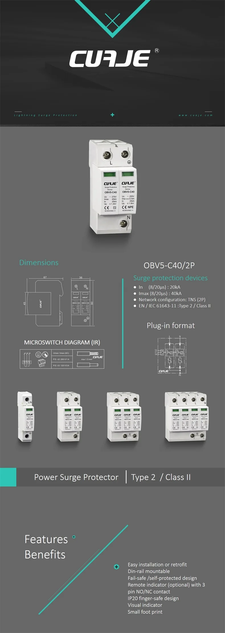 CUAJE Class 2 AC 1P+NPE GDT 220V Surge Arrestor SPD 40ka