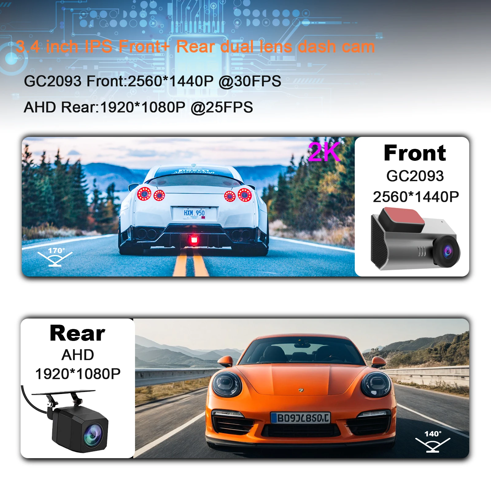 3.4 Inch Dual Camera Car Dvr 2k Dashcam Wifi 2 Channel Dash Cam Smart ...