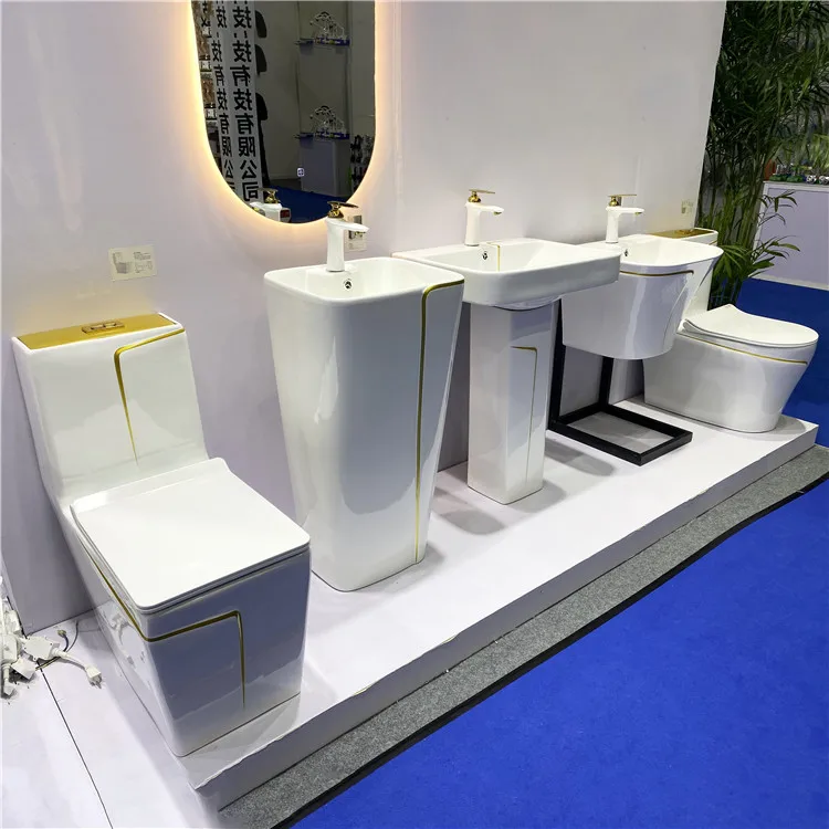 White Color Gold Line Luxury Design WC Sanitary Ware Bathroom Square ...