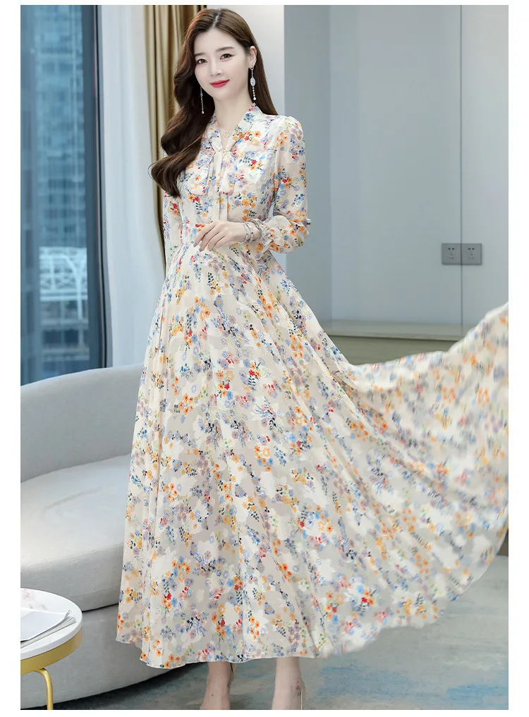 New Arrival Ladies Chiffon Long Sleeve Maxi Dress Women Flower Print