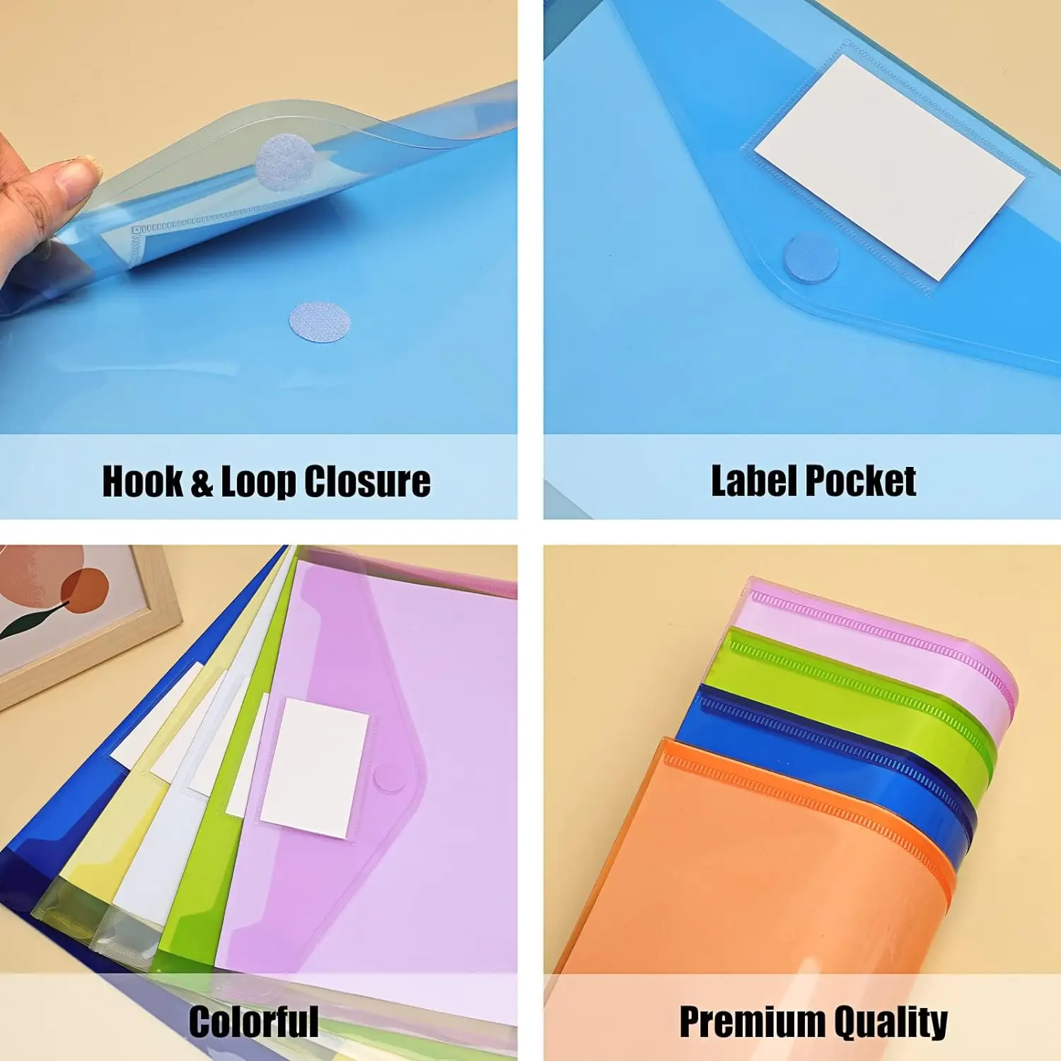 A4 Size Colored Plastic File Envelopes with Paste Button Clear Document ...