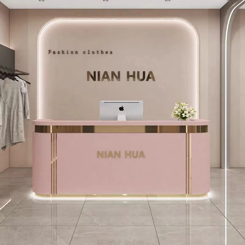 Modern Reception Counter Desk in Pink Marble & Gold Design for Beauty ...