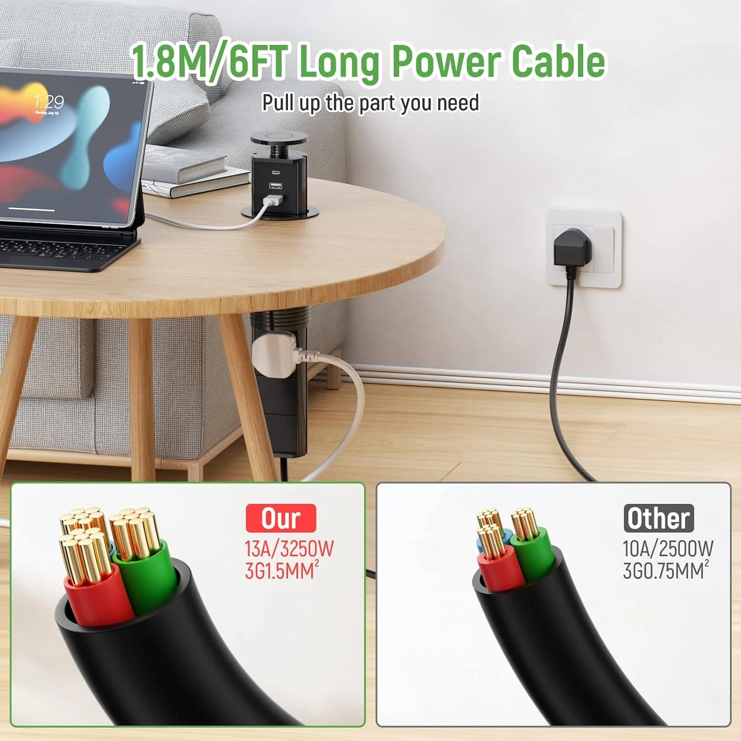 60mm UK Power Pull up Power Strip with 3 USB, UK Kitchen Pop up Tower ...