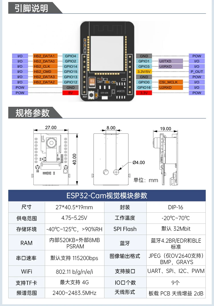 ESP32 Visual Recognition Module WiFi Real Time Image Transmission IIC ...