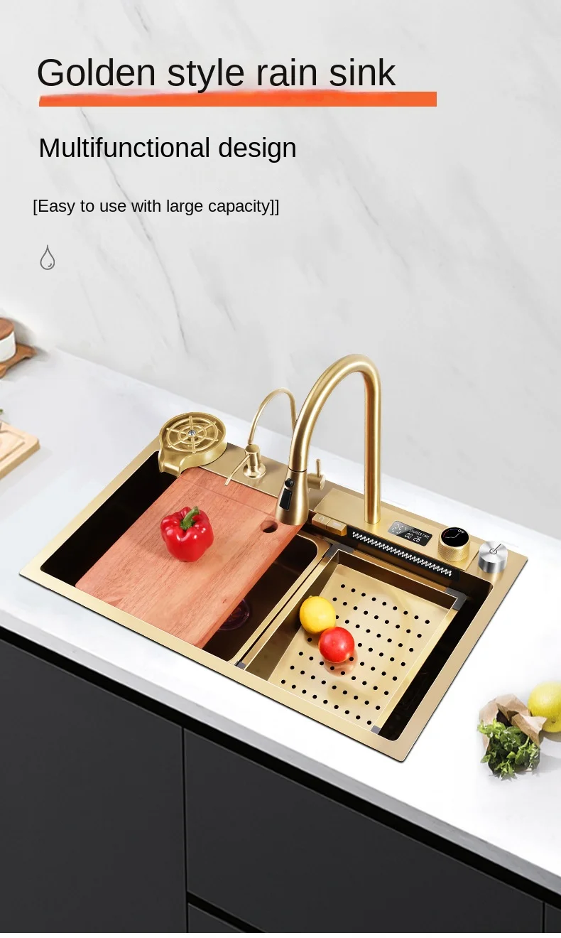 Waterfall Gold Digital Kitchen Sink Multifunction Stainless Steel ...
