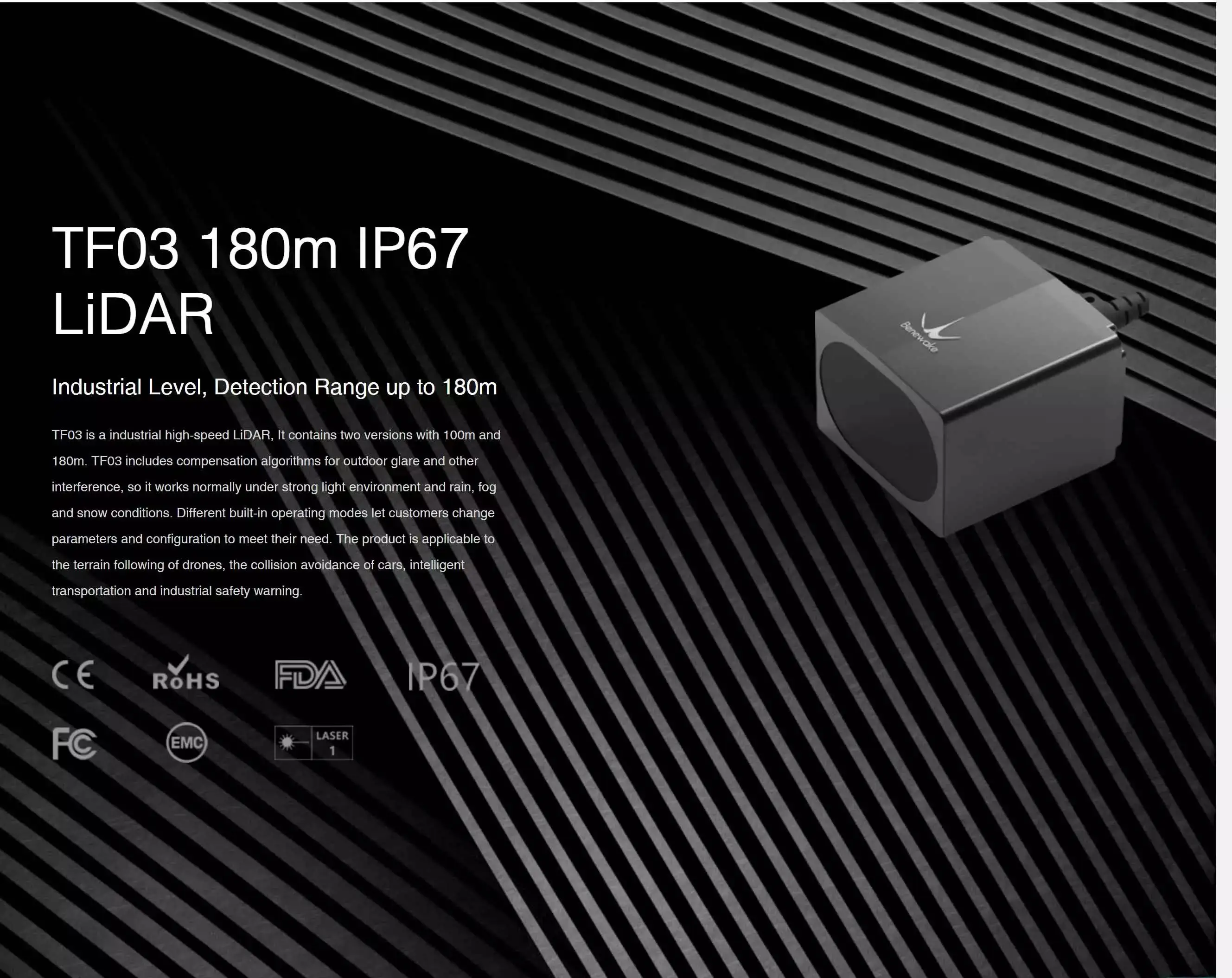 Benewake Tf03-180 Lidar Tf03 100m 180m Lidar Tof Laser - Buy Tf03-180 Lidar,Tf03 100m 180m Lidar ...
