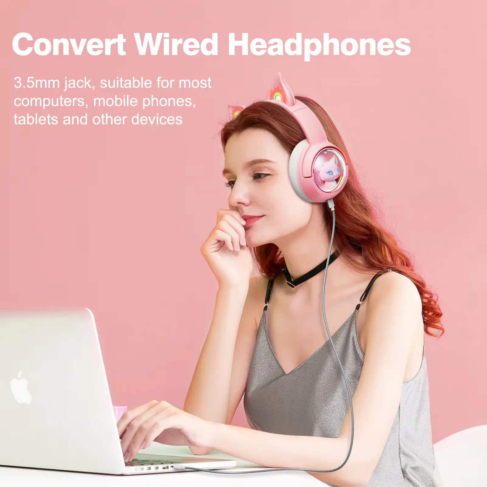 Headset Cute Pink Cat Ear Over-Ear Wireless Gaming Headphones With ...