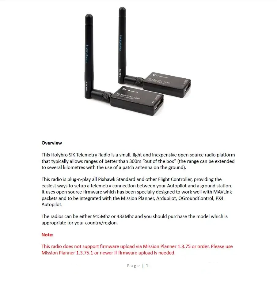 Holybro Sik Telemetry Radio V3 100mw 433mh 915mhz Open-source Sik ...