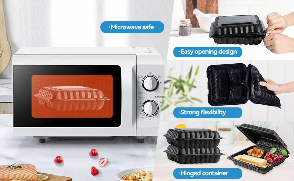 Black Disposable Clamshell Mfpp Hinged Take Out Food Box 3 Compartment ...