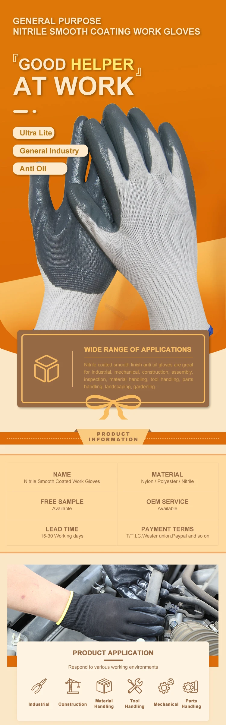 Custom 13g Nylon Knit Nitrile Coated Safety Work Gloves