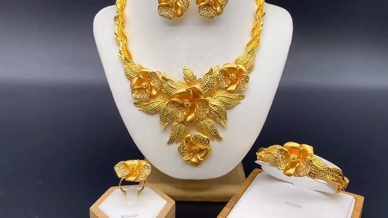 Saudi Dubai Gold Jewelry Set Necklace Bracelet Earrings Ring Indian ...