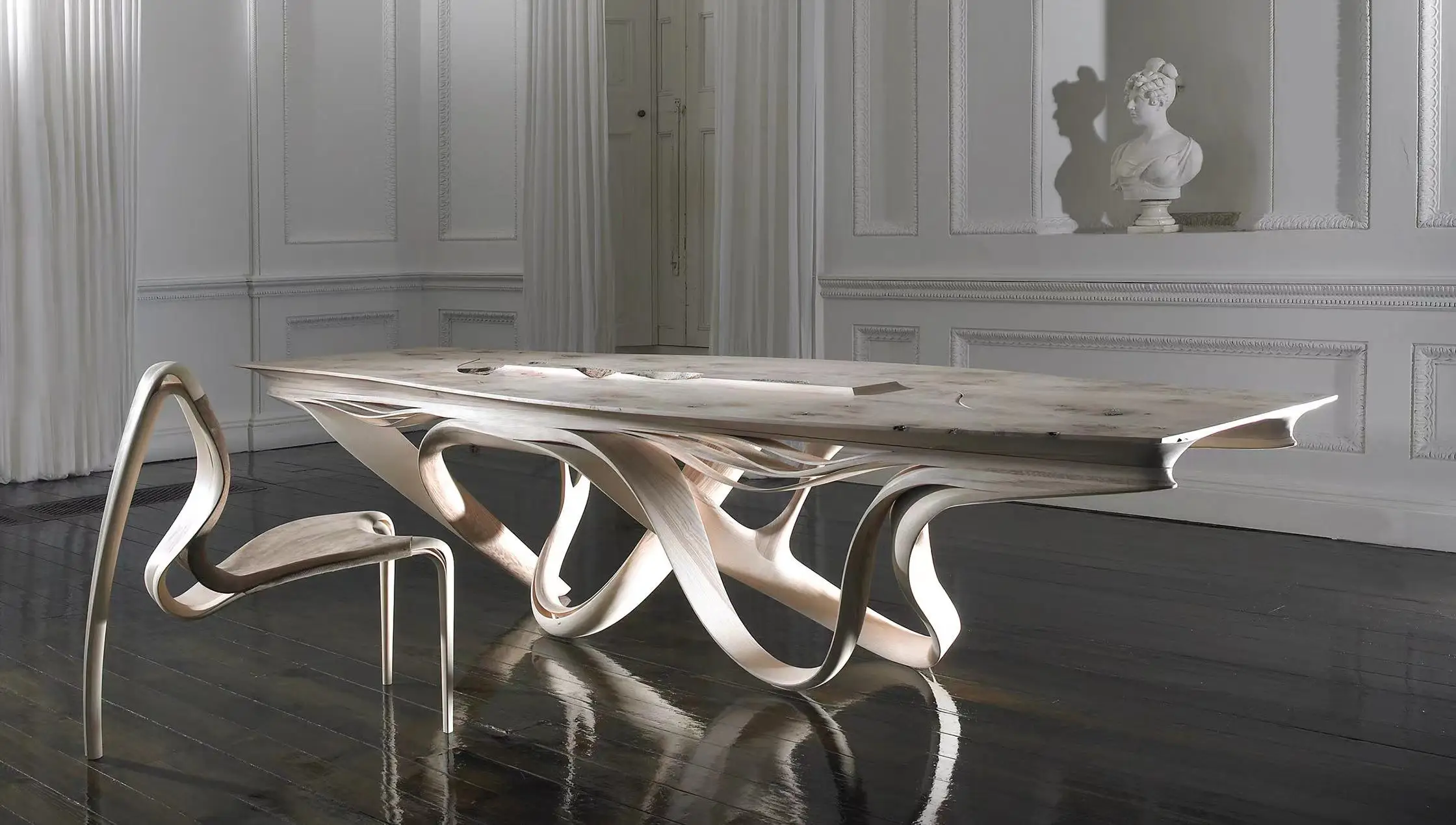 Designer Solid Wood Bending Process Dining Table, Chair, Transparent ...
