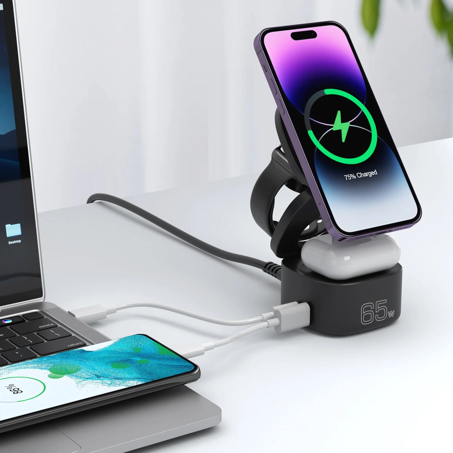 Gan 65w 3in 1 Wireless Charger Digital Alarm Clock Wireless Charger