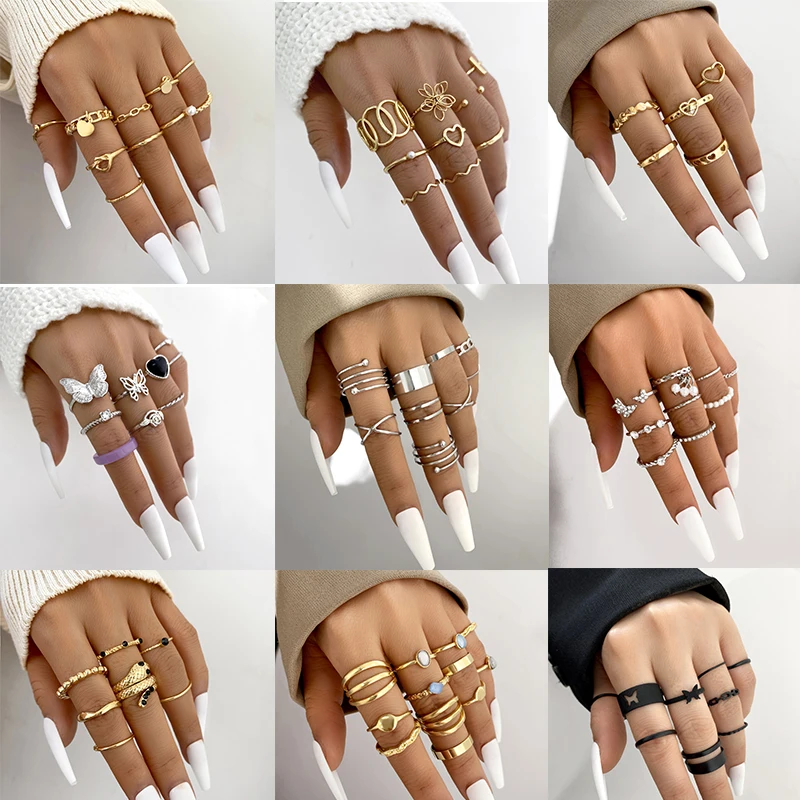 Hifive Black Silver Heart Knuckle Rings Set Butterfly Charm Gold Color ...