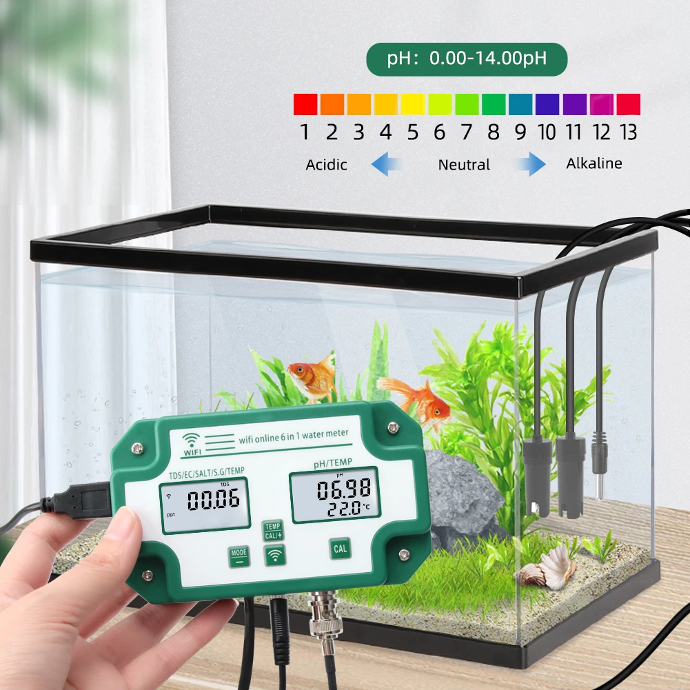 6 in 1 Portable Automatic WiFi Water Quality Tester TDS/EC/PH/Salinity ...