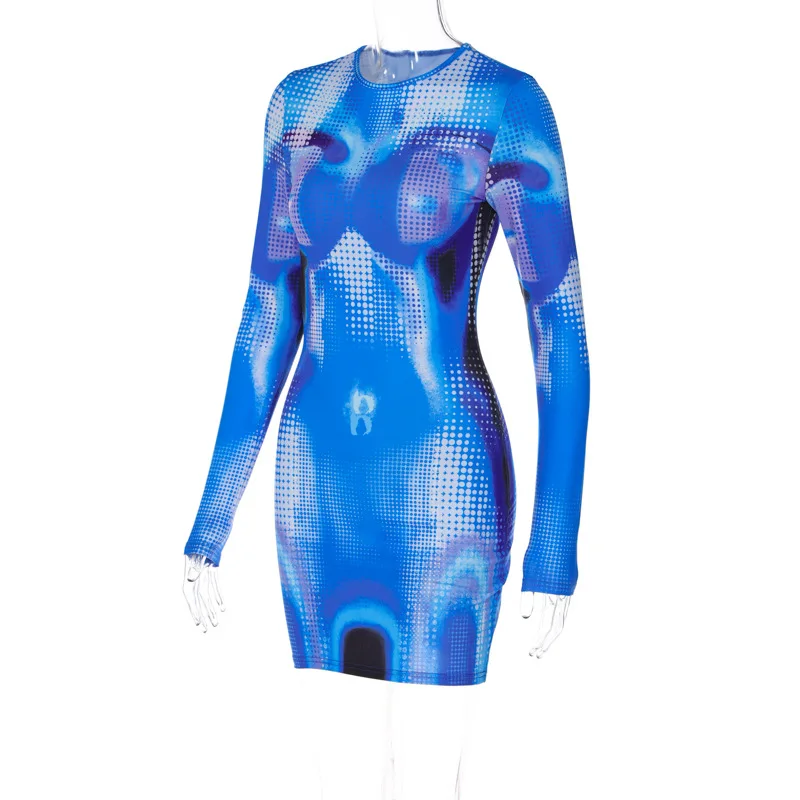 2023 Women Fashion Spring Mini Lady Body Print Dress Long Sleeve O Neck ...
