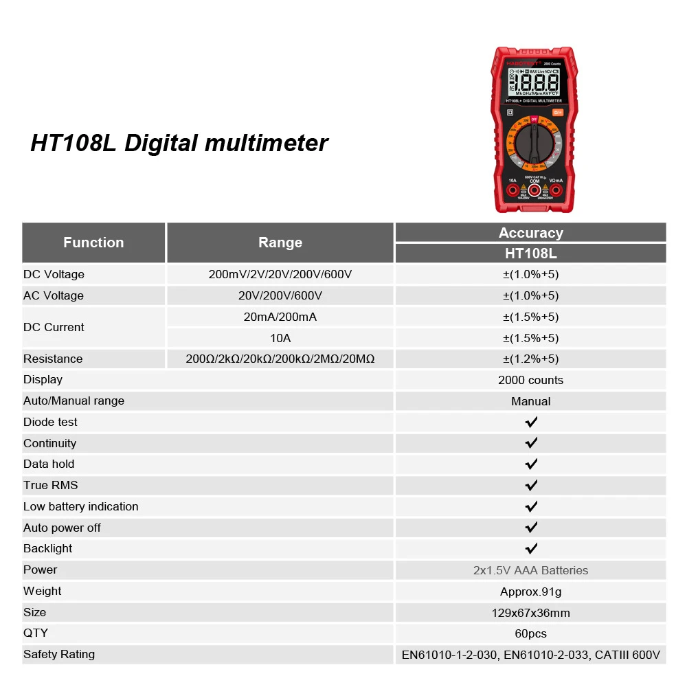 2000 Counts Ht108l Digital Multimeter High Precision Anti-burn ...