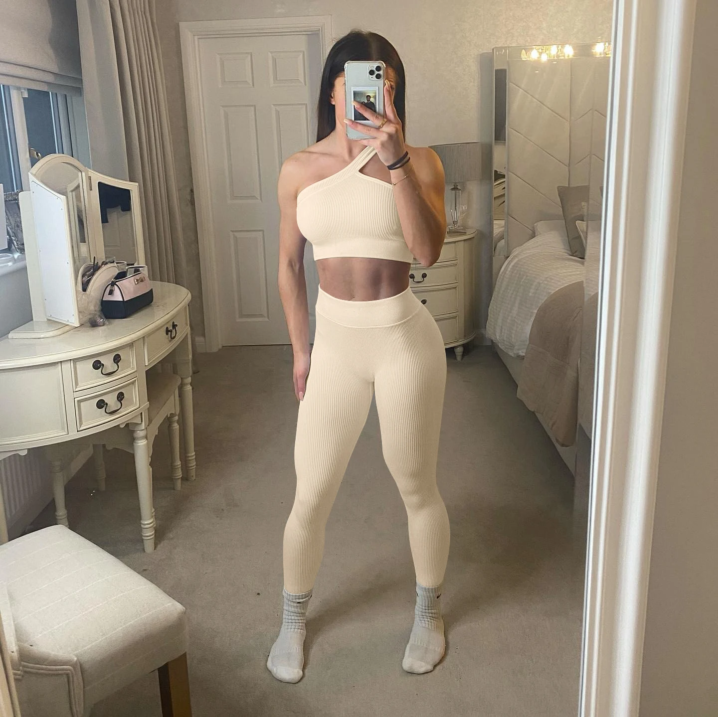 2 Piece Ribbed Exercise One Shoulder Sport Bra Removable High Waist