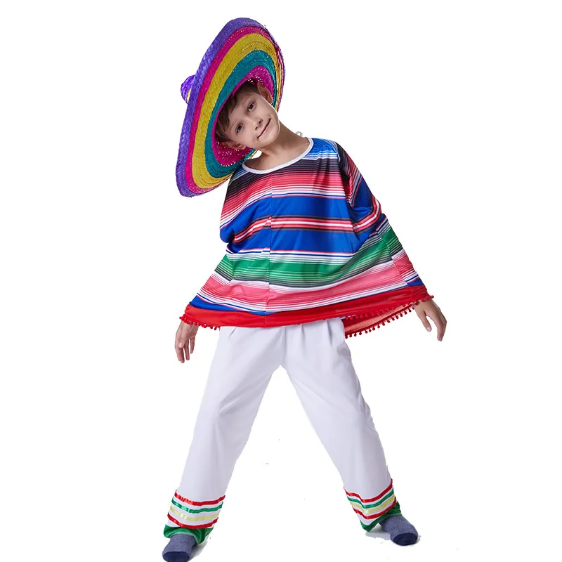 Halloween Mexican Ethnic Customs Cosplay Costume Kids Striped Cloak ...