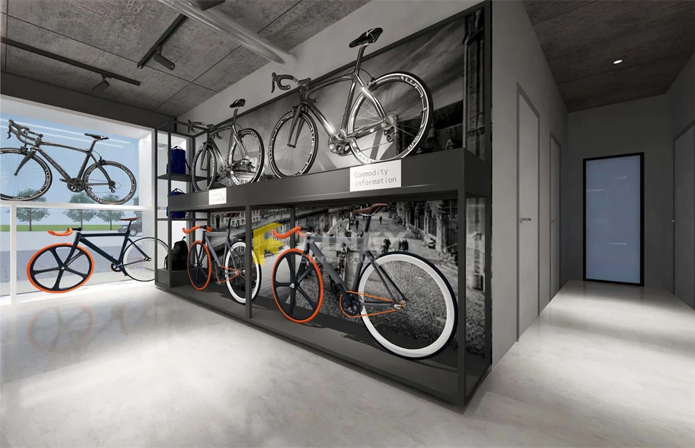 Custom Bike Shop Interior Layout - Display Racks & Shelves