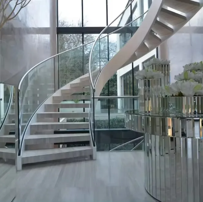 Helical Arc Floating Staircase Glass Railing and Solid Wood Treads ...