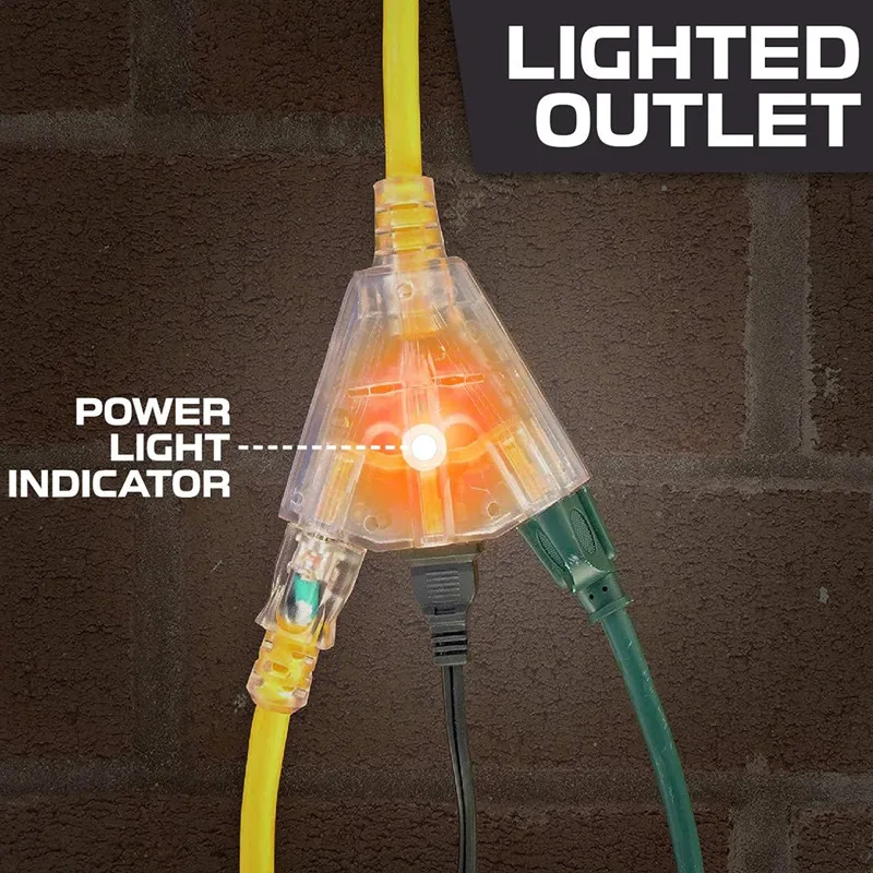 25 Foot 14awg Lighted Outdoor Extension Cord With 3 Electrical Power ...