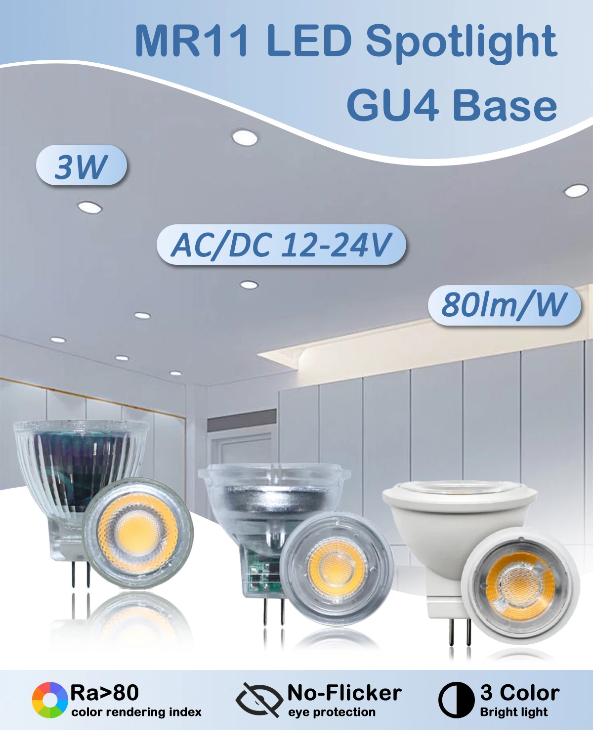 3W Mini Spotlight MR11 GU4 AC/DC12-24V COB Led Glass Spotlight Warm ...