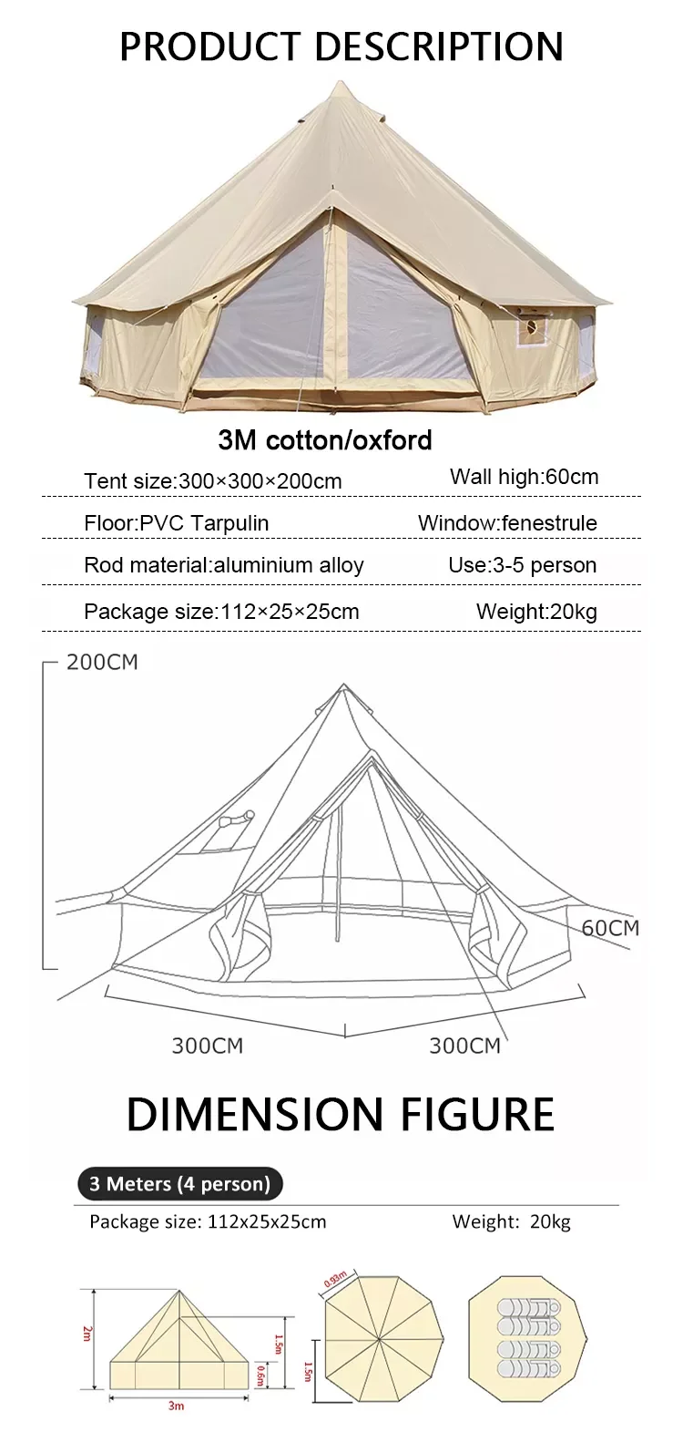 3M 4M 5M 6M 7M Outdoor Glamping Fireproof Waterproof Canvas Bell Tent ...