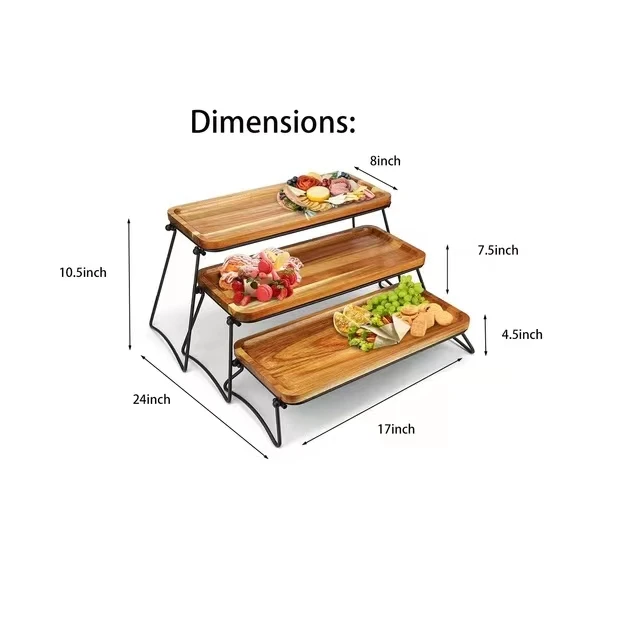 Foldable Steppted Wrought Iron Rack Acacia Wood Plate Dish Food Snack ...