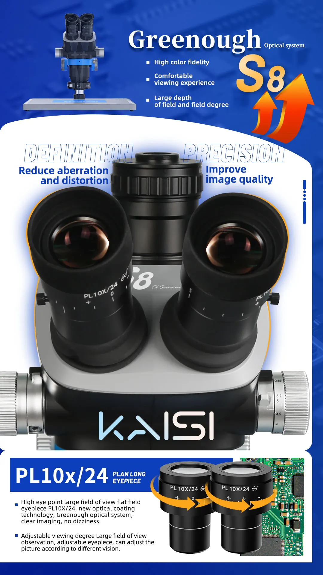 Kaisi S8 Trinocular Microscope Professional Microscope Rich Depth of ...