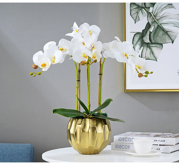 Artificial Orchid Flower With Gold Pot - Real Touch Faux Orchid Plant ...
