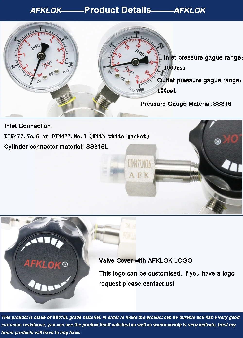 Argon N2o Acetylene Dual Stage Pressure Regulator Ss316l With Dual Gauge 4000*100psi Inlet ...