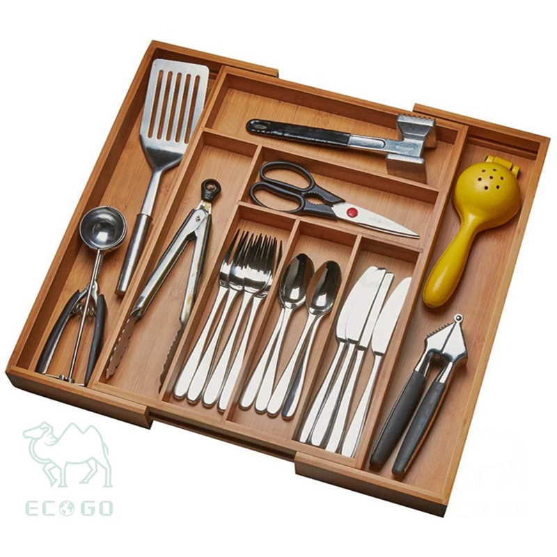 Bamboo natural expandable cutlery tray silverware utensil organizer ...