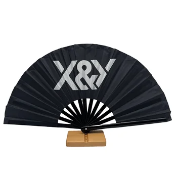 Customized Big Folding Bamboo Hand Fan Fabric Logo Black Hand Held Fan ...