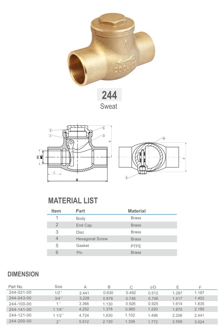 Leak Proof 1/2"-2" 200PSI WOG Sweat End Brass Swing Check Valve for ...