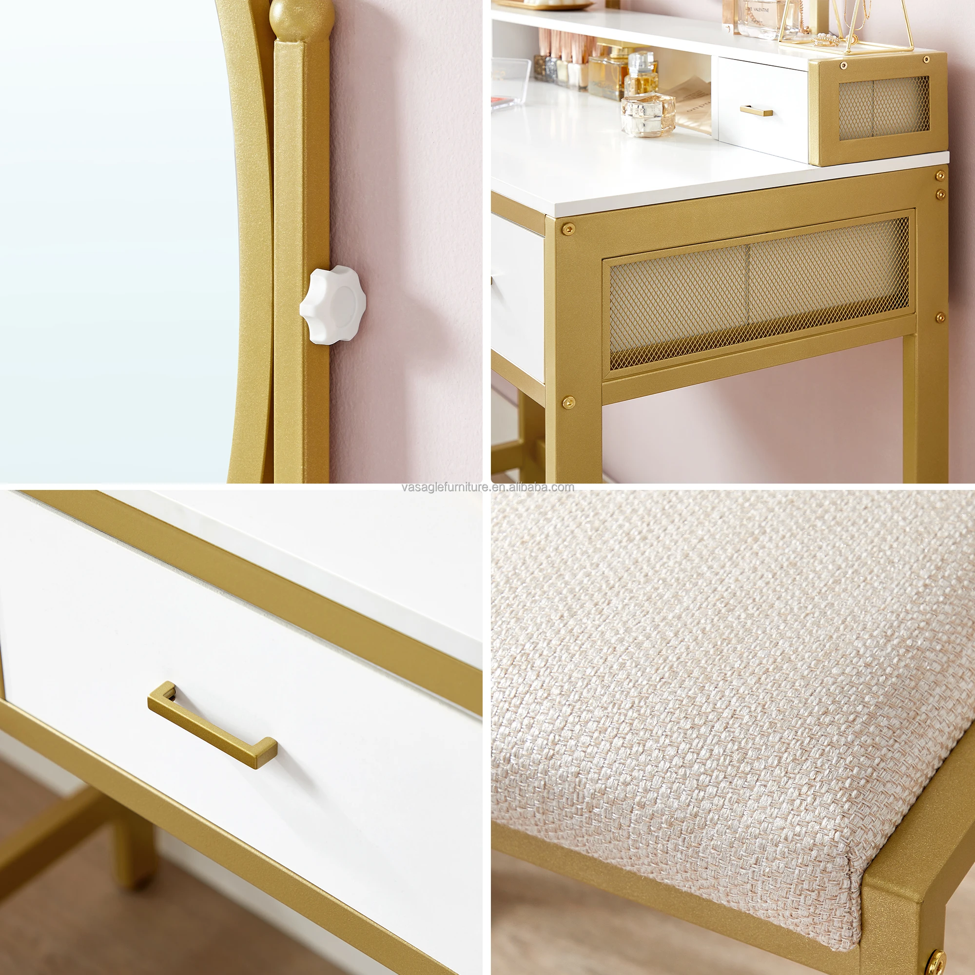 Vasagle White Gold Girls Modern Dressing Table Oval Mirror Bedroom ...