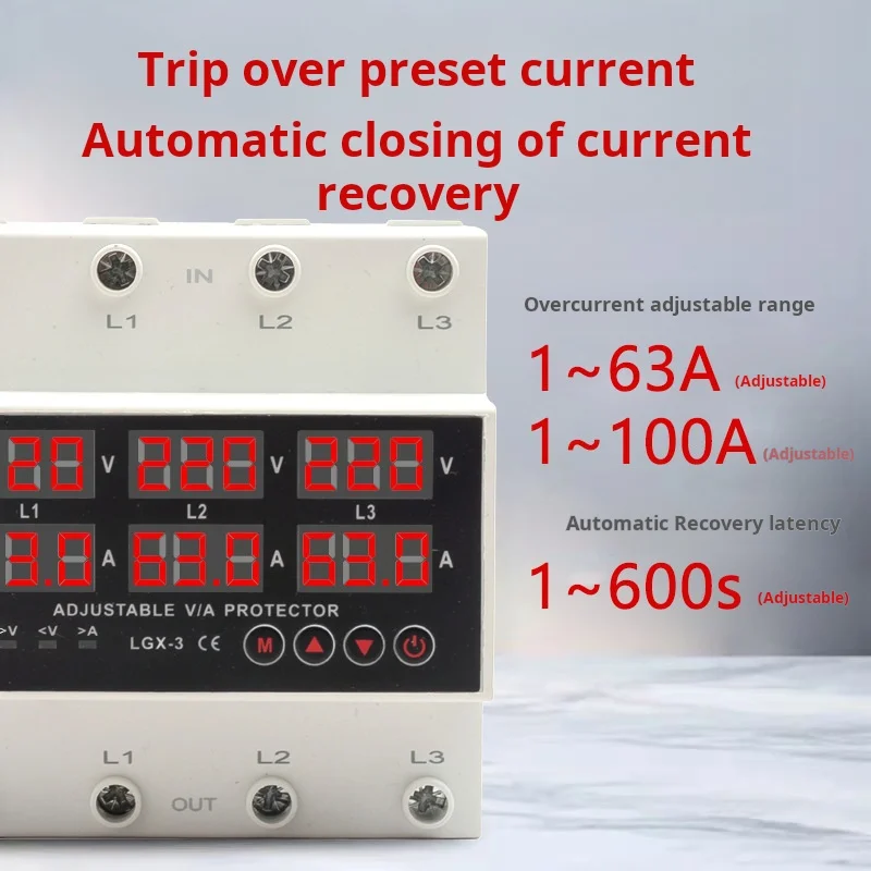 Adjustable Voltage Current Limit Protection Relay Protector 3 Phase 63A ...