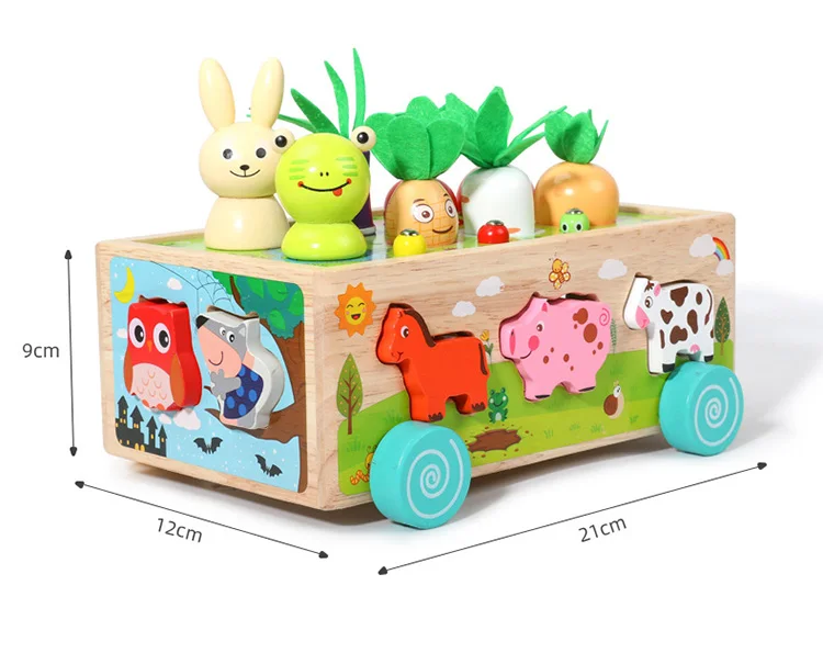 COMMIKI Wooden Toy Shape Sorter Car Happy Farm Animal Cart Carrot ...