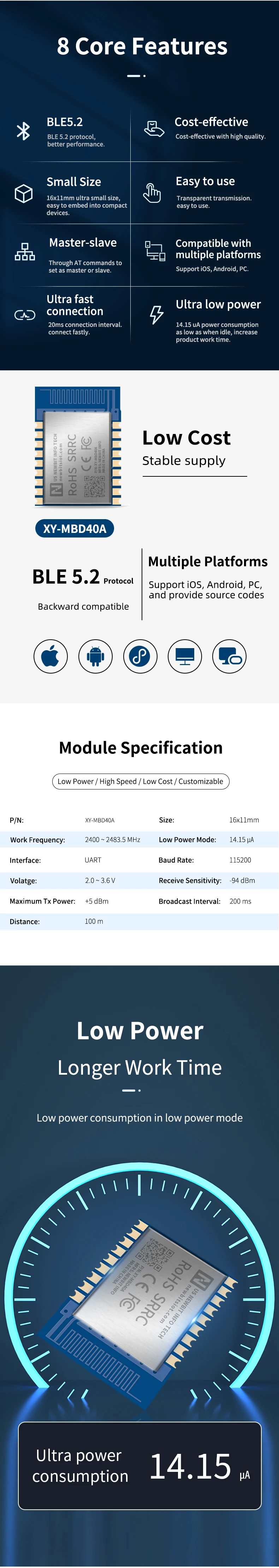 Under $1 Mini Bluetooth Module Ble 5.0 Iot Low Power Master Slave ...