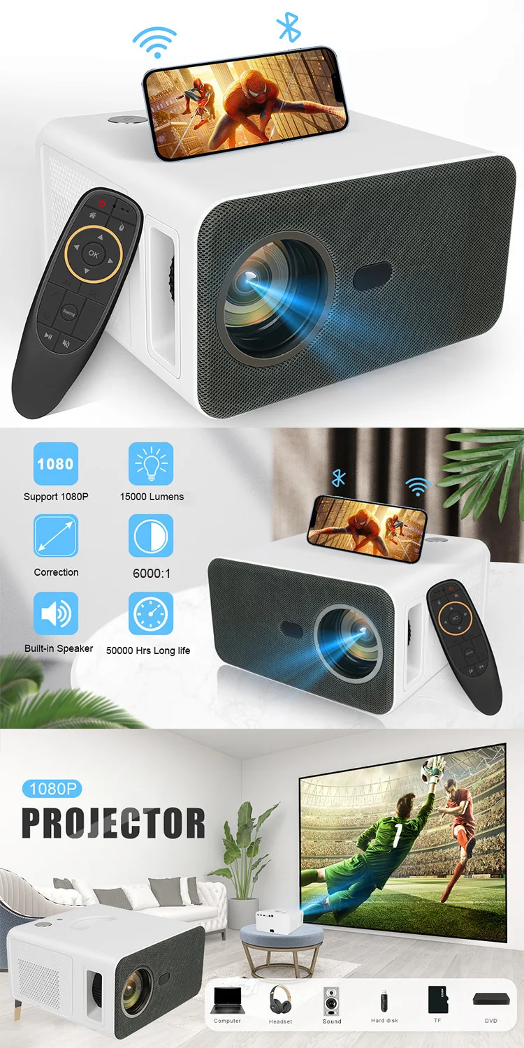 1080p 4k Projector For Xiaomi 5g Wifi 2+16g Ram Rom 15000 Lumens Full ...